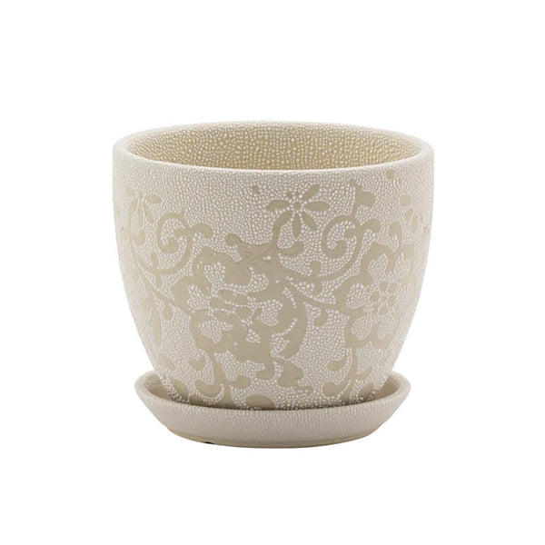 White & Cream Floral Pot with Saucer - Sheridan Nurseries Online
